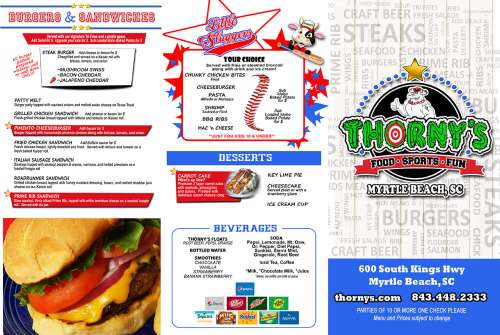 Thorny's menu in Myrtle Beach, South Carolina, USA