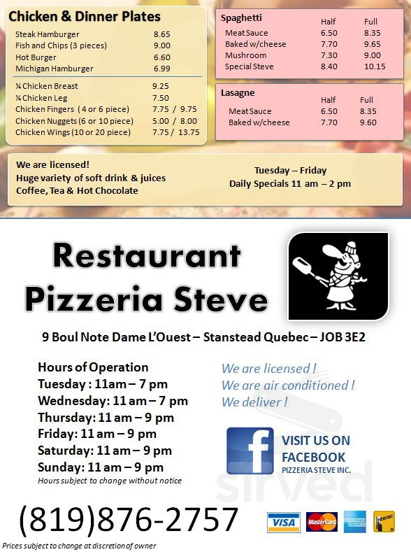 Pizzeria Steve menus in Stanstead, Quebec, Canada
