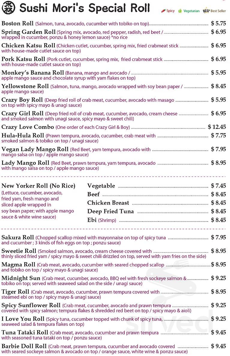Sushi Mori menu in Coquitlam, British Columbia, Canada