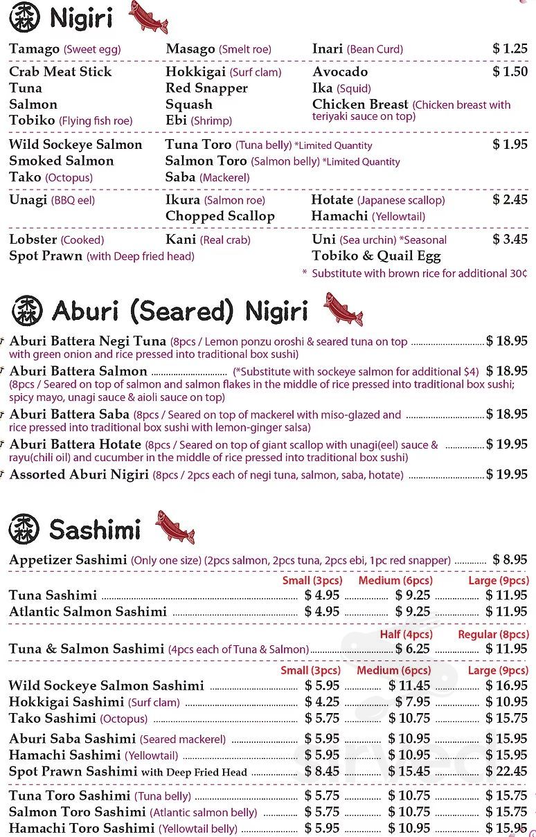 Sushi Mori menu in Coquitlam, British Columbia, Canada
