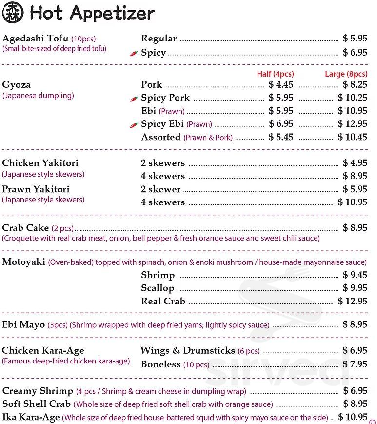 Sushi Mori menu in Coquitlam, British Columbia, Canada