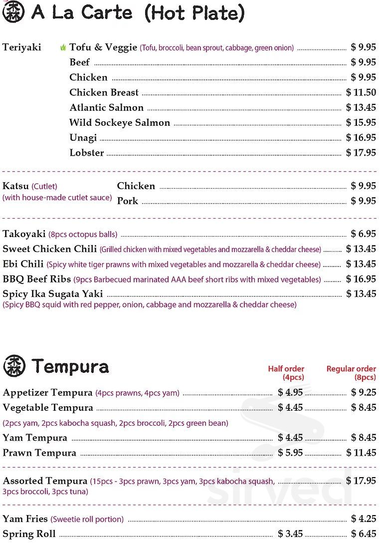 Sushi Mori menu in Coquitlam, British Columbia, Canada