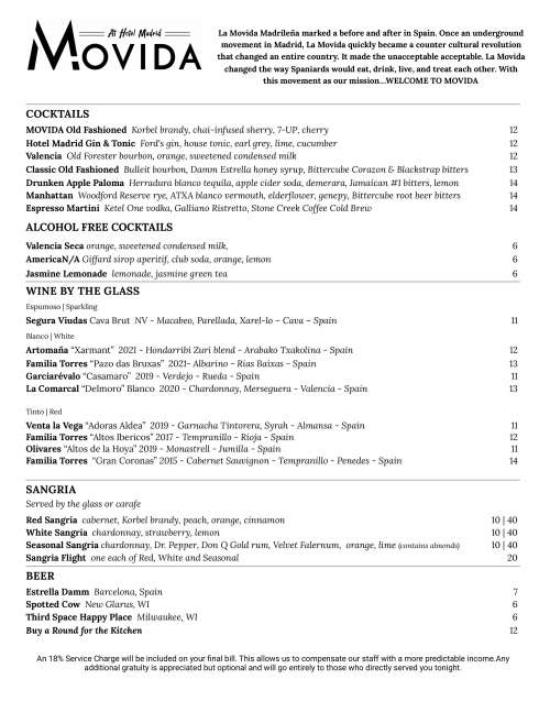 Movida at Hotel Madrid menu in Milwaukee, Wisconsin, USA