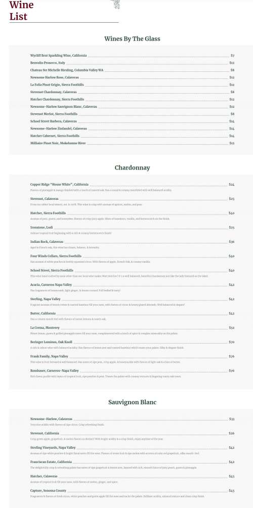 Murphys Historic Hotel menu in Murphys, California, USA