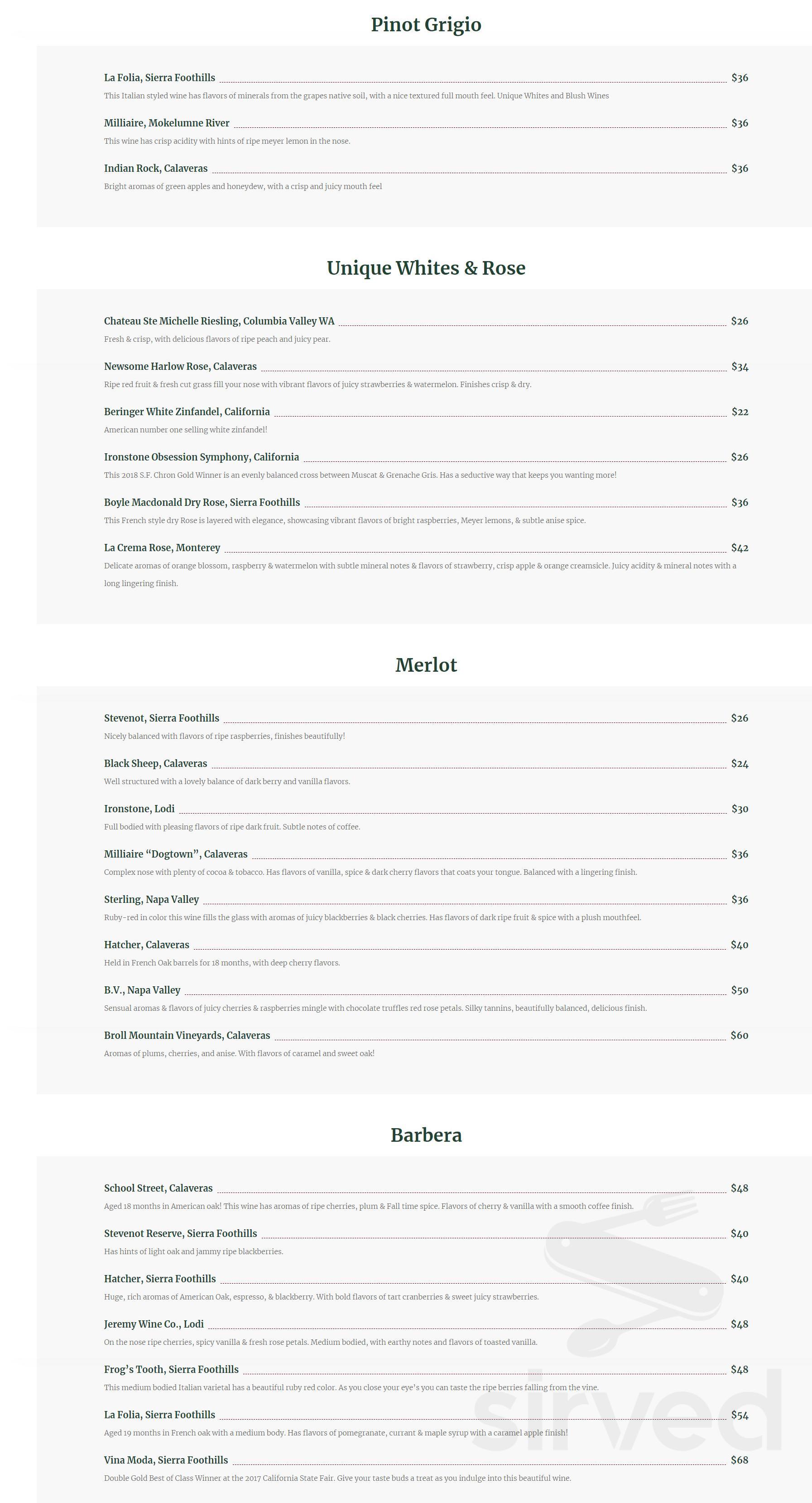 Murphys Historic Hotel menu in Murphys, California, USA