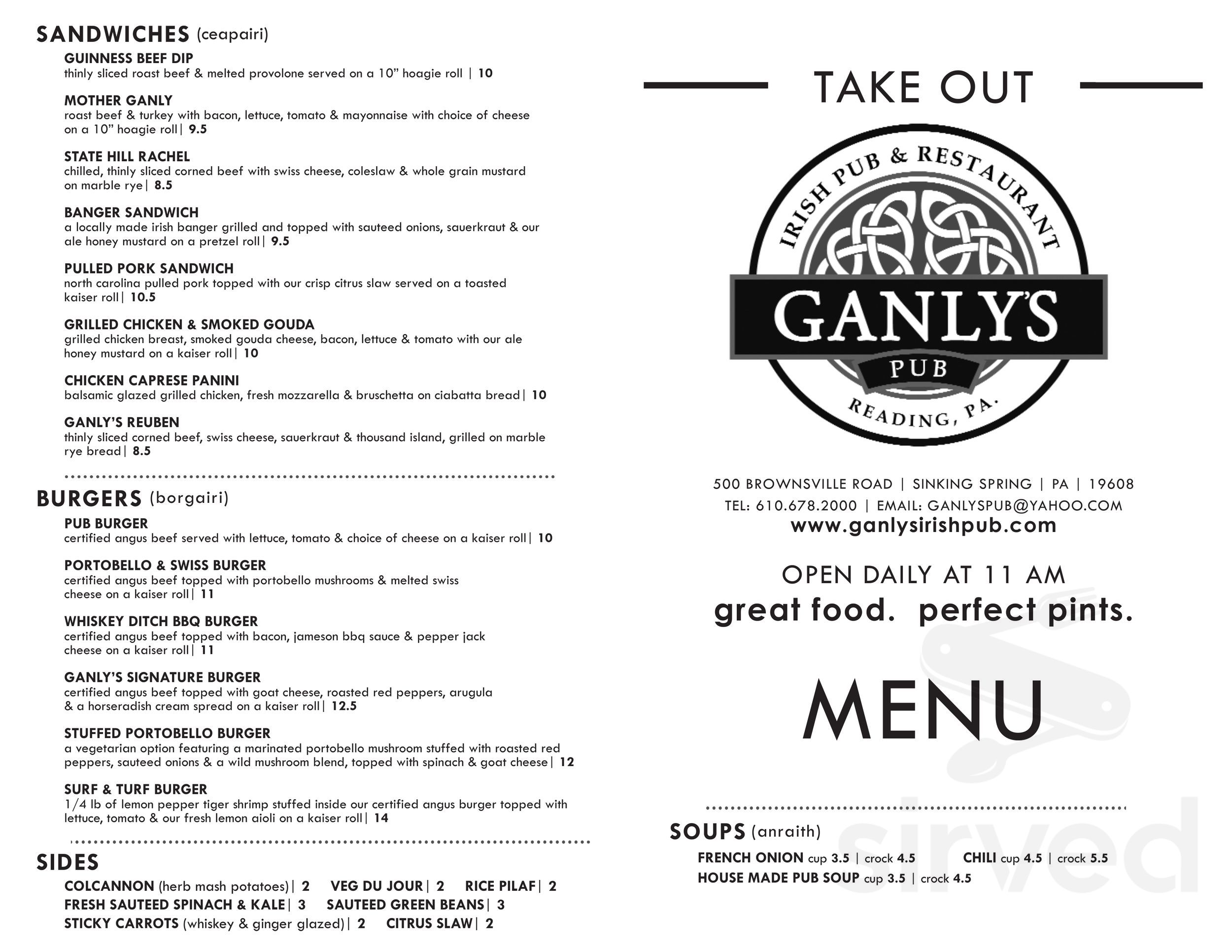Menu for Ganly's Irish Pub & Restaurant in Sinking Spring, PA | Sirved