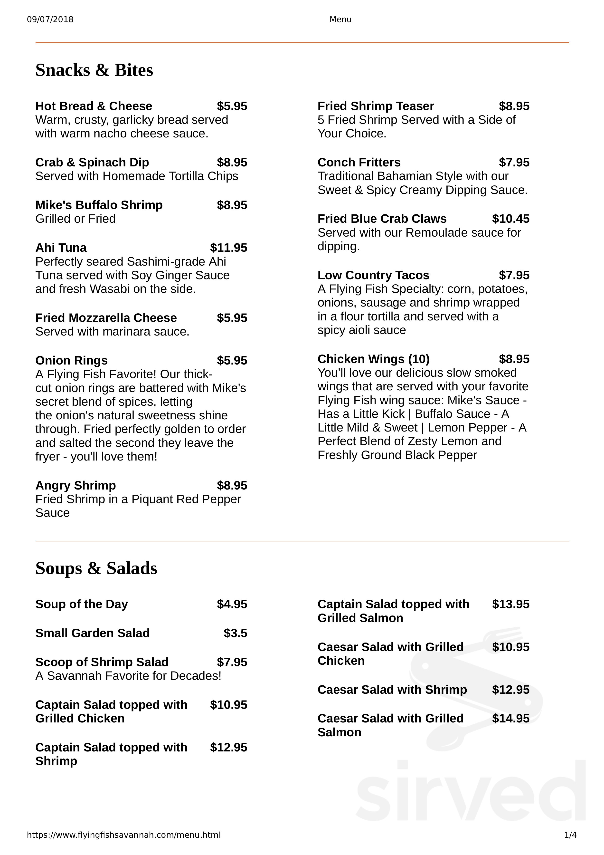 Flying Fish Bar & Grill menu in Savannah, Georgia, USA