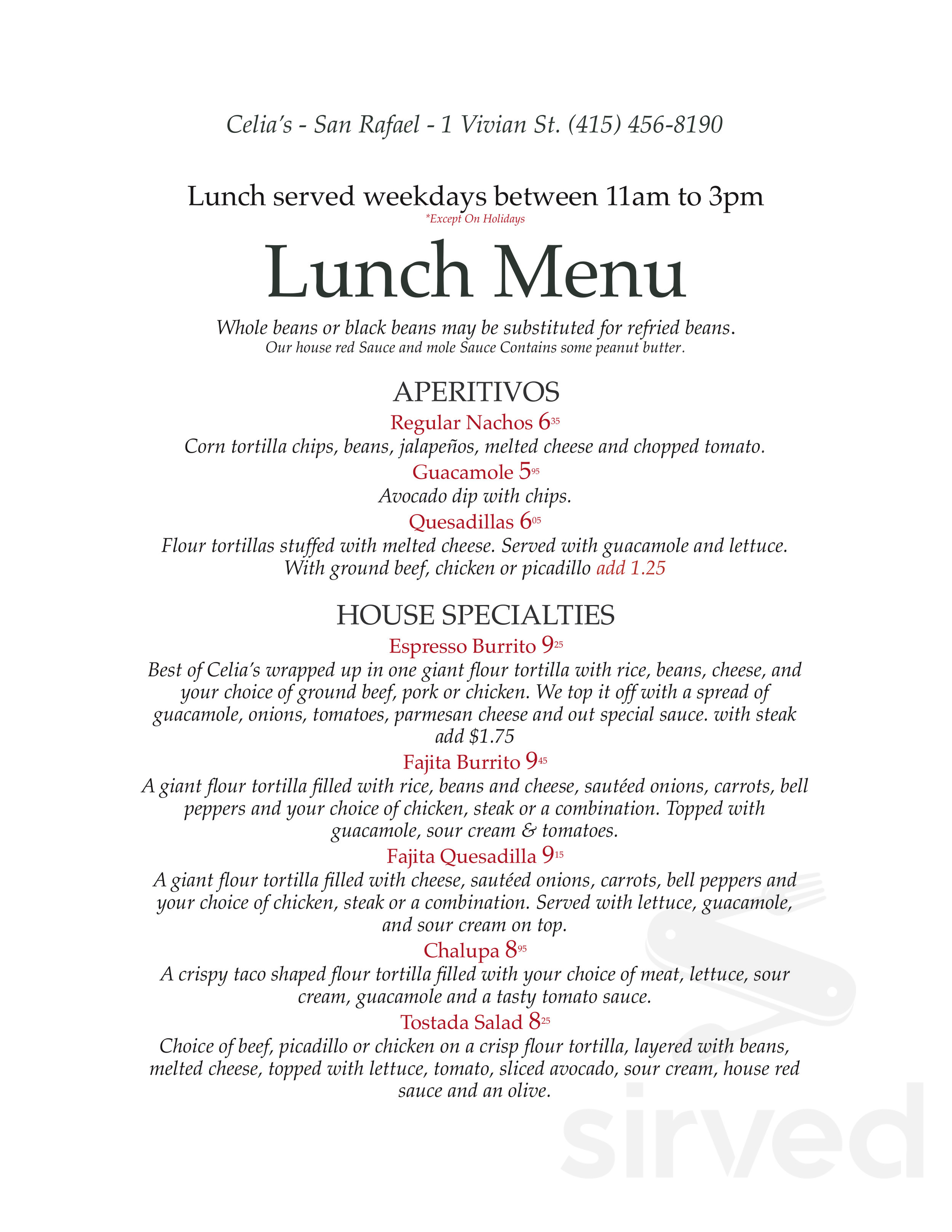 Menu - San Mateo CA's Celia's | Sirved