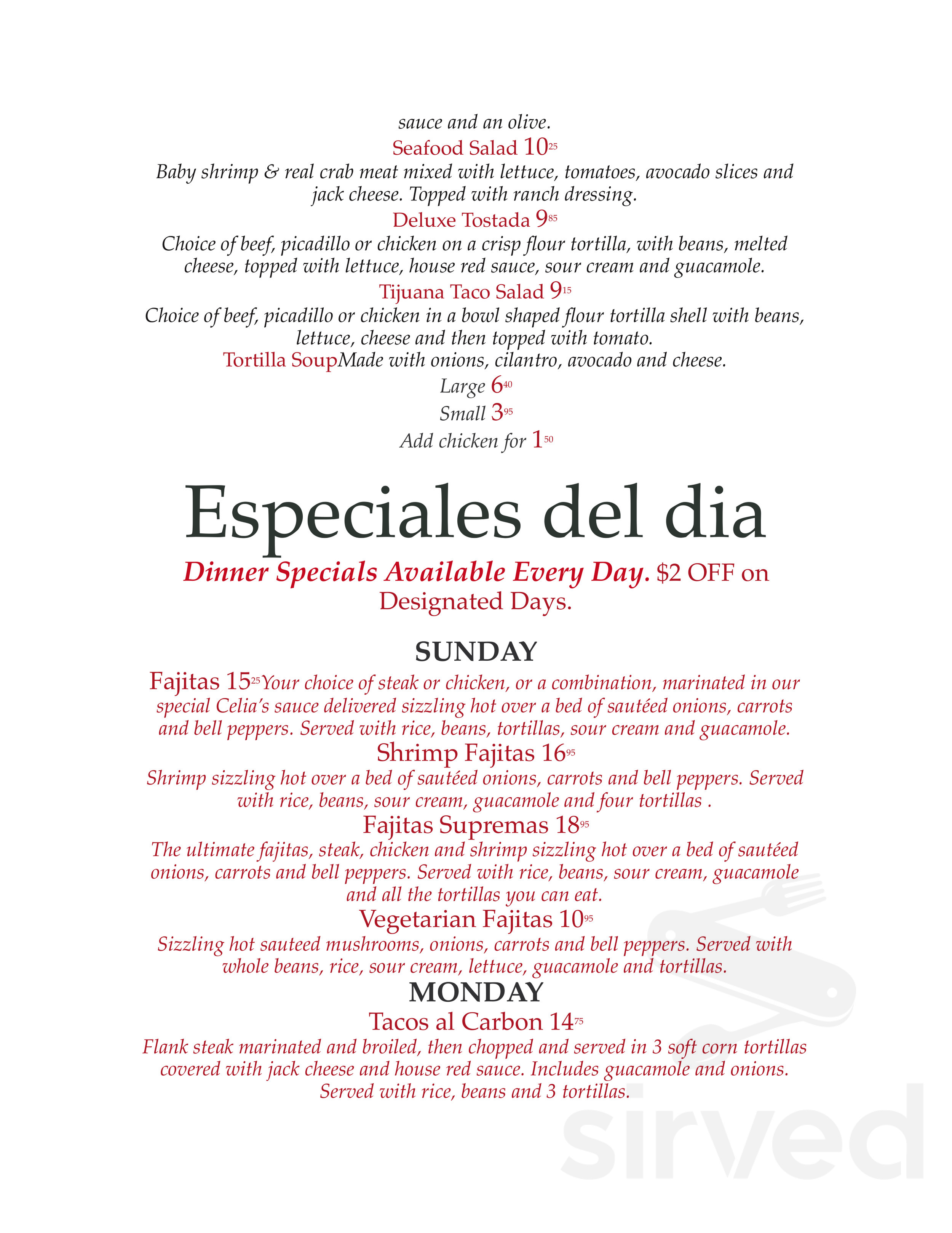 Menu - San Mateo CA's Celia's | Sirved