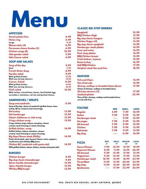 St-Antonin Big Stop Restaurant menu in Saint-Antonin, Quebec G0L 2J0 ...