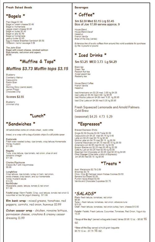 Charles River Coffee House menu in Natick, Massachusetts, USA