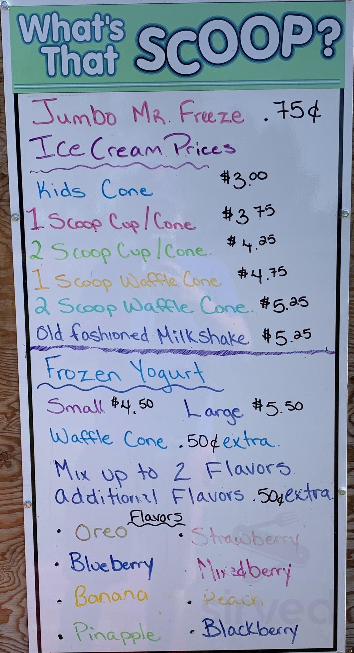 What's That Scoop menu in Pembroke, Ontario, Canada