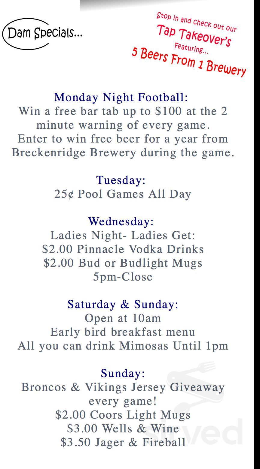 Menu - Denver CO's The Dam Grille | Sirved
