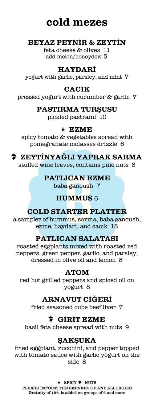 Barans Turkish Cuisine & Bar menu in Scarborough, Ontario, Canada