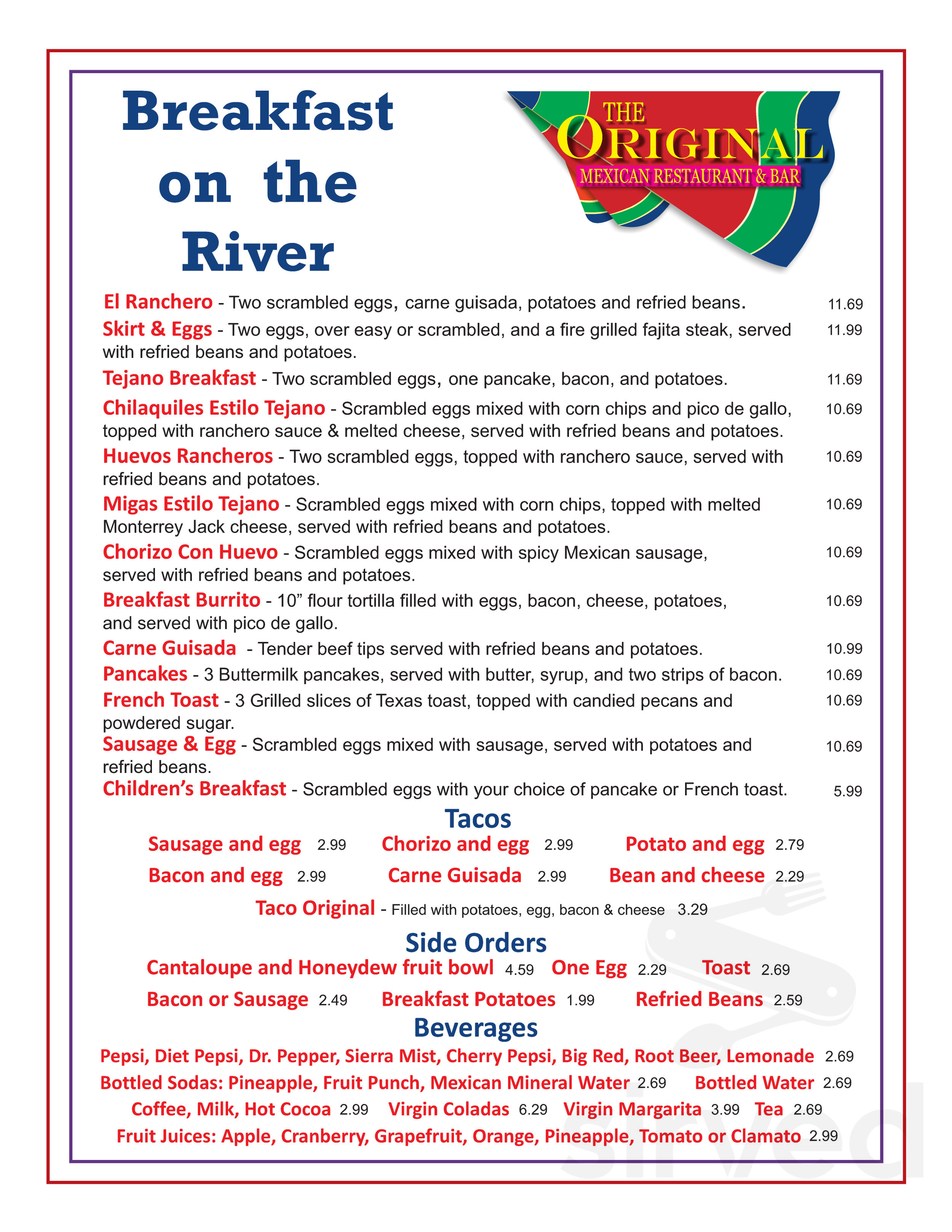 The Original Mexican Restaurant menu in San Antonio, Texas, USA