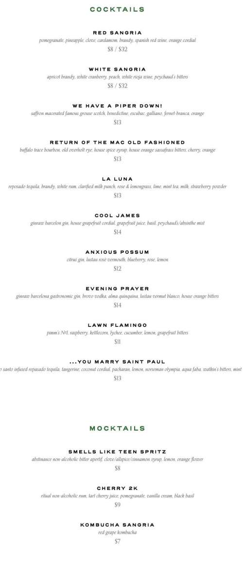 Estelle menu in St Paul, Minnesota, USA