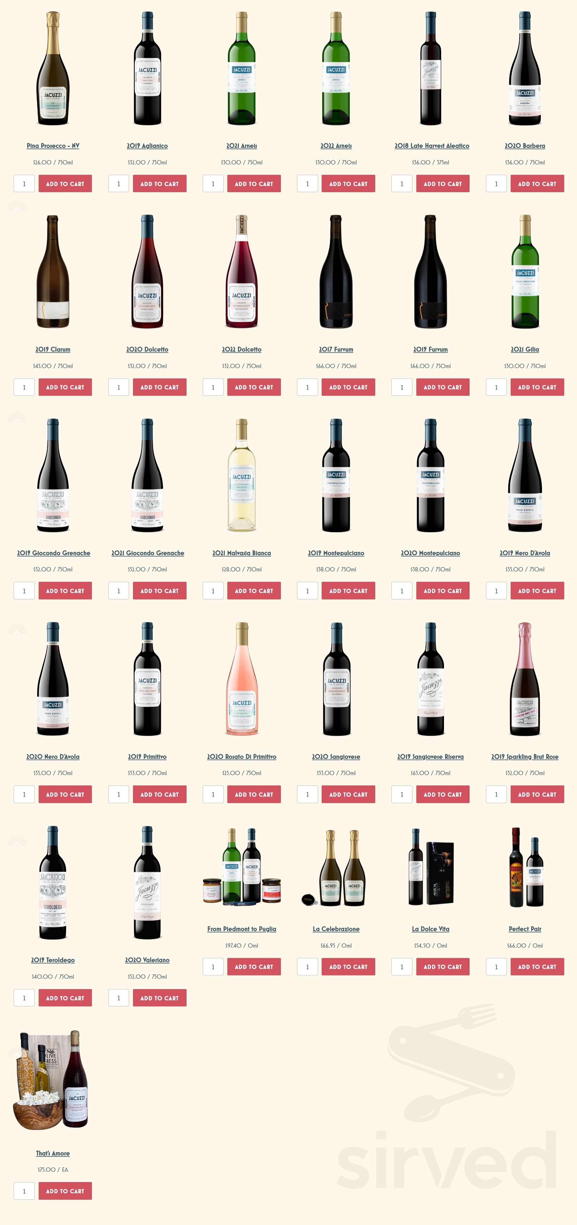 Jacuzzi Family Vineyards menu in Sonoma, California, USA