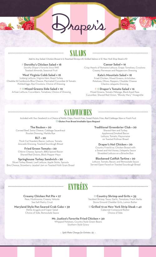 Draper's Restaurant at The Greenbrier menu in White Sulphur Springs ...