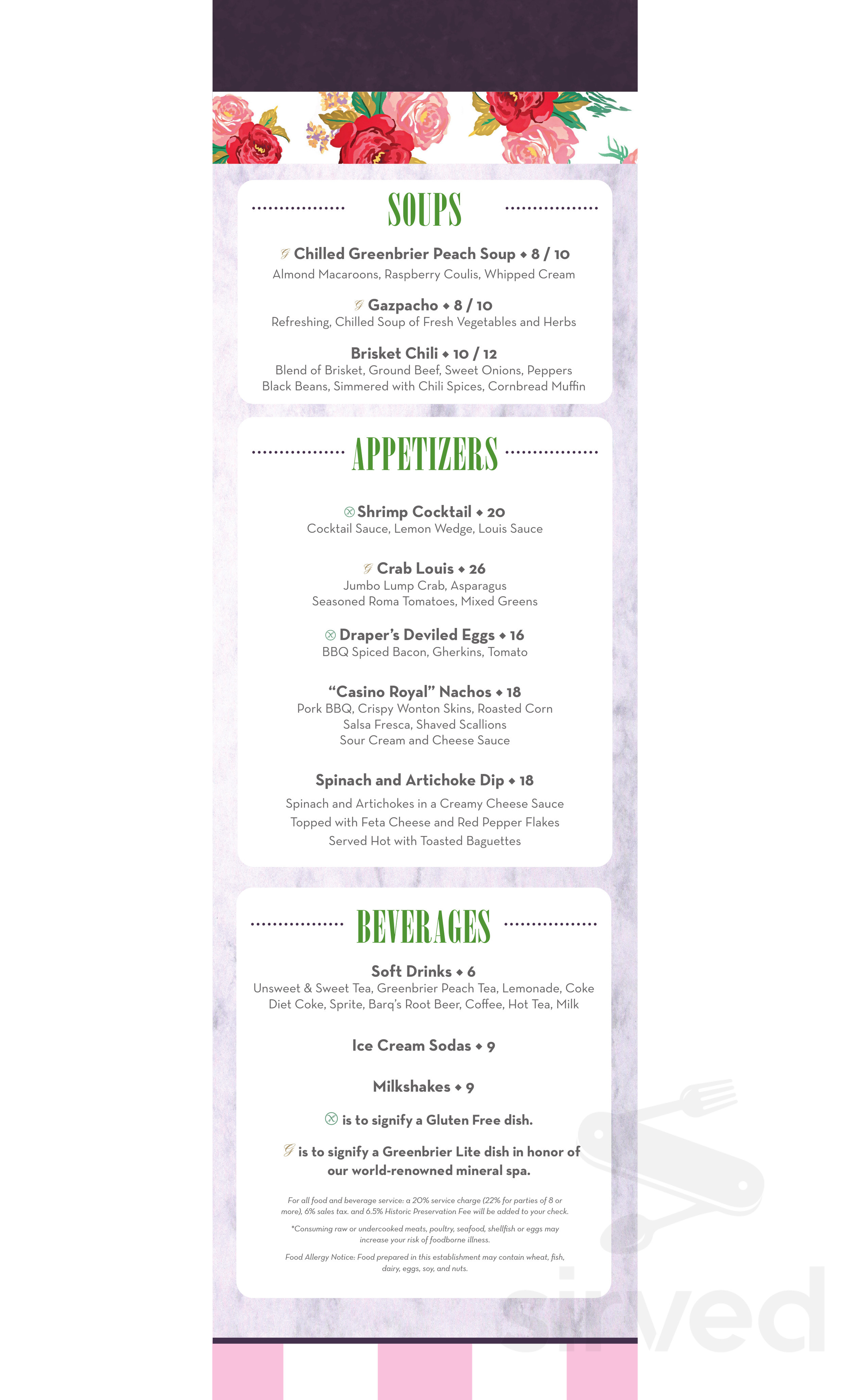 Draper's Restaurant at The Greenbrier menu in White Sulphur Springs ...