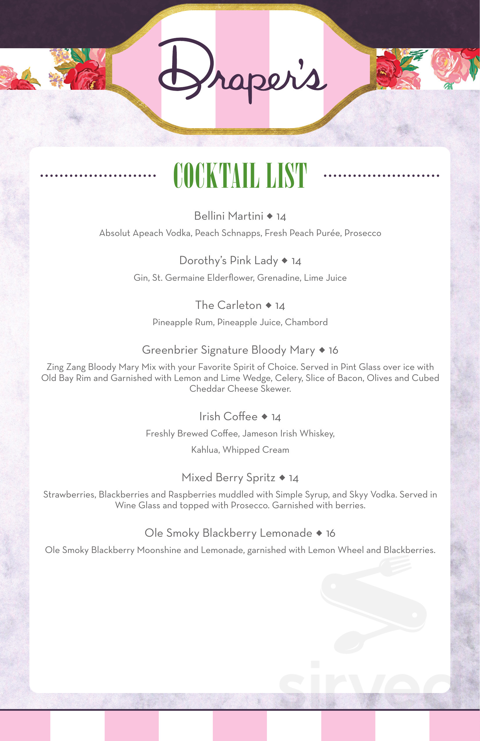 Draper's Restaurant at The Greenbrier menu in White Sulphur Springs ...