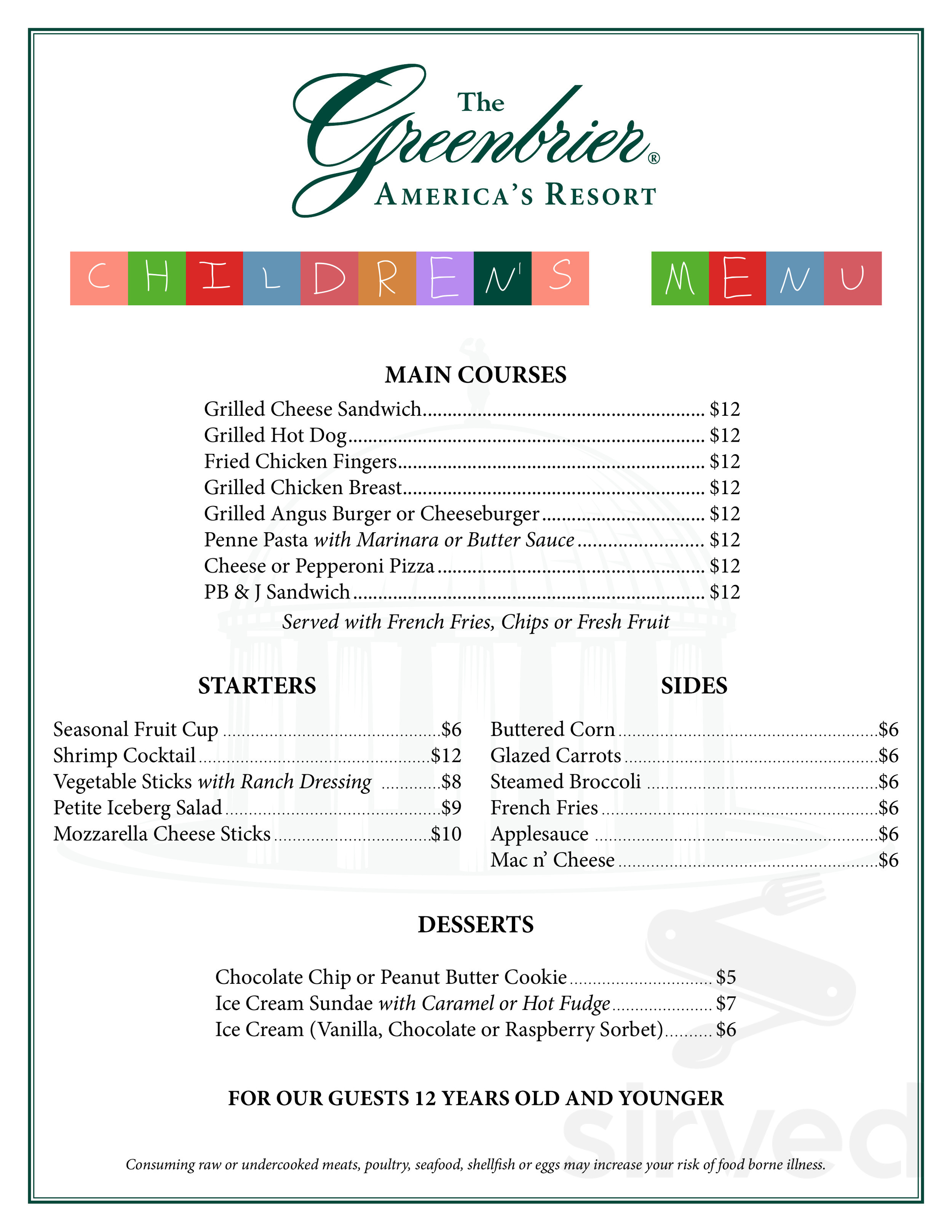 Draper's Restaurant at The Greenbrier menu in White Sulphur Springs ...