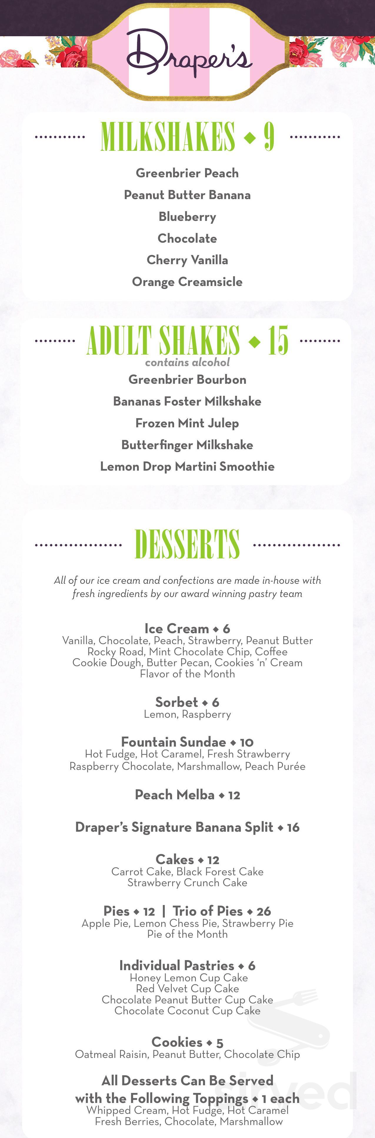 Draper's Restaurant at The Greenbrier menu in White Sulphur Springs ...