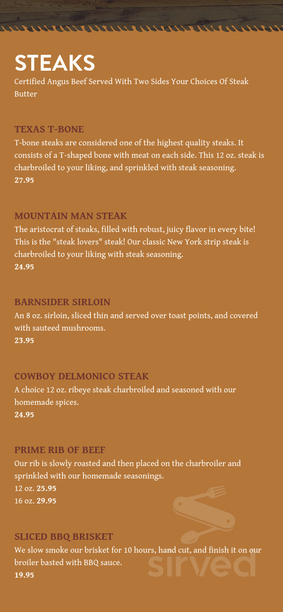 Barnsider Smokehouse BBQ menu in Lake George, New York, USA