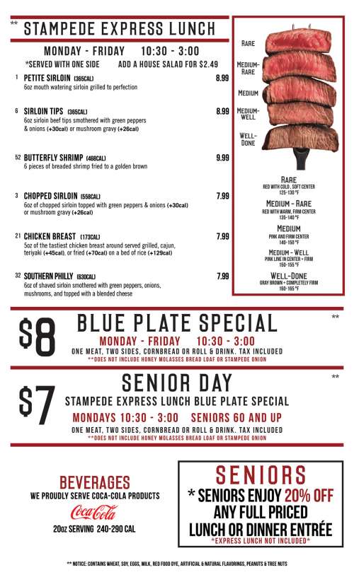 Cattle stampede Steak house menu in Fort Payne, Alabama, USA