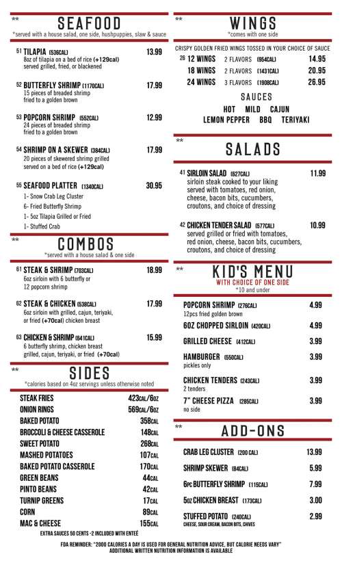Cattle stampede Steak house menu in Fort Payne, Alabama, USA