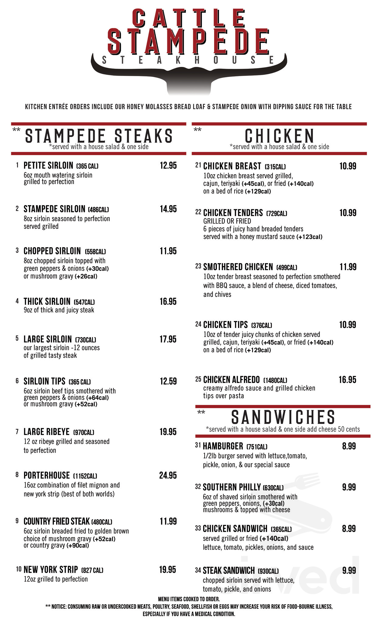 Cattle stampede Steak house menu in Fort Payne, Alabama, USA