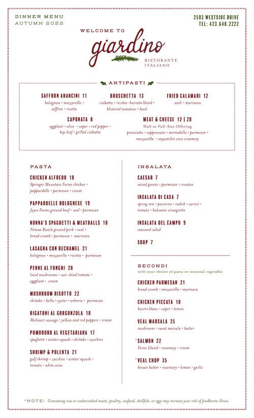 Giardino menu in Chattanooga, Tennessee, USA