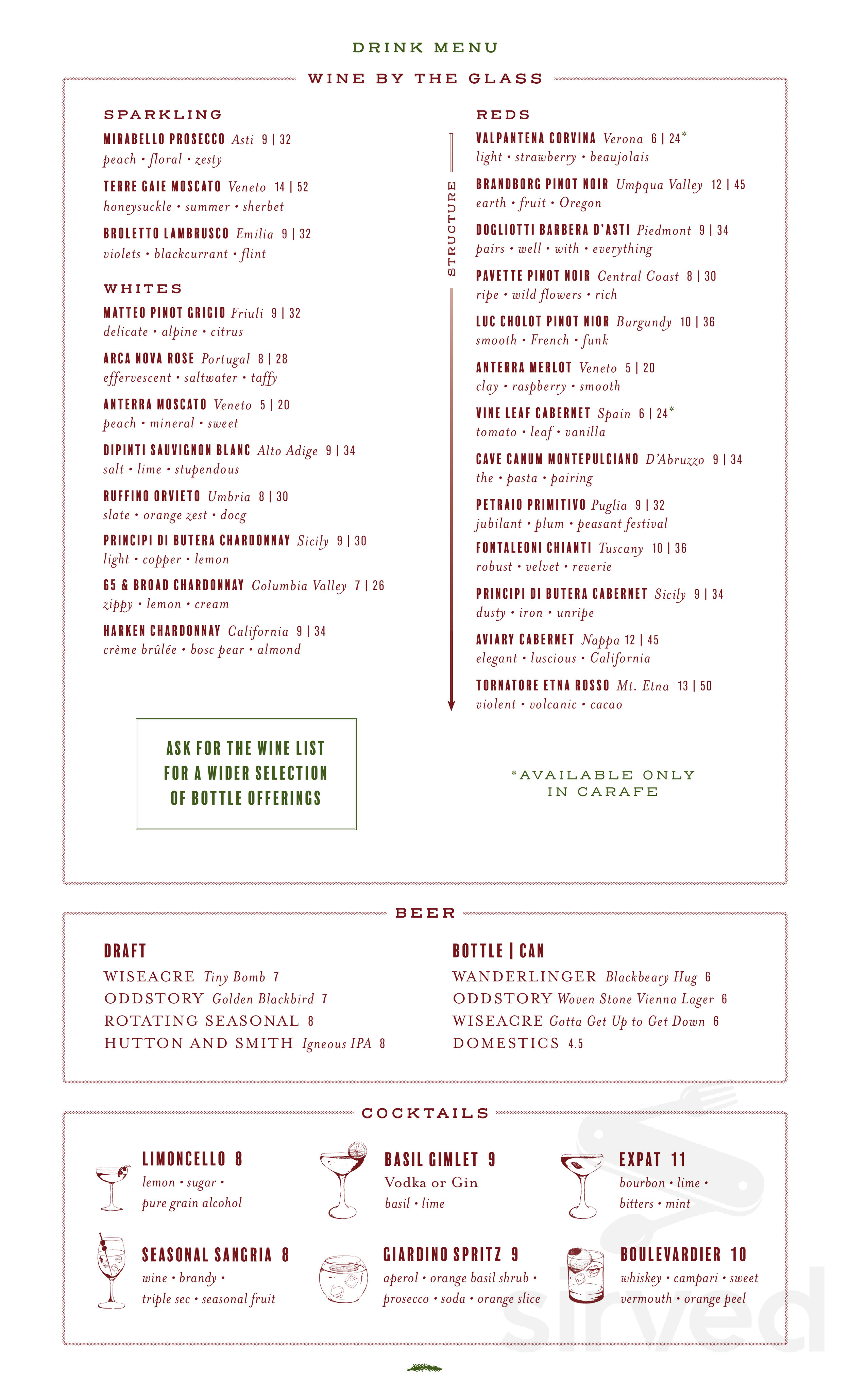 Giardino menu in Chattanooga, Tennessee, USA