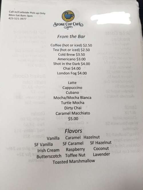 Stone Cup Cafe menu in Chattanooga, Tennessee, USA
