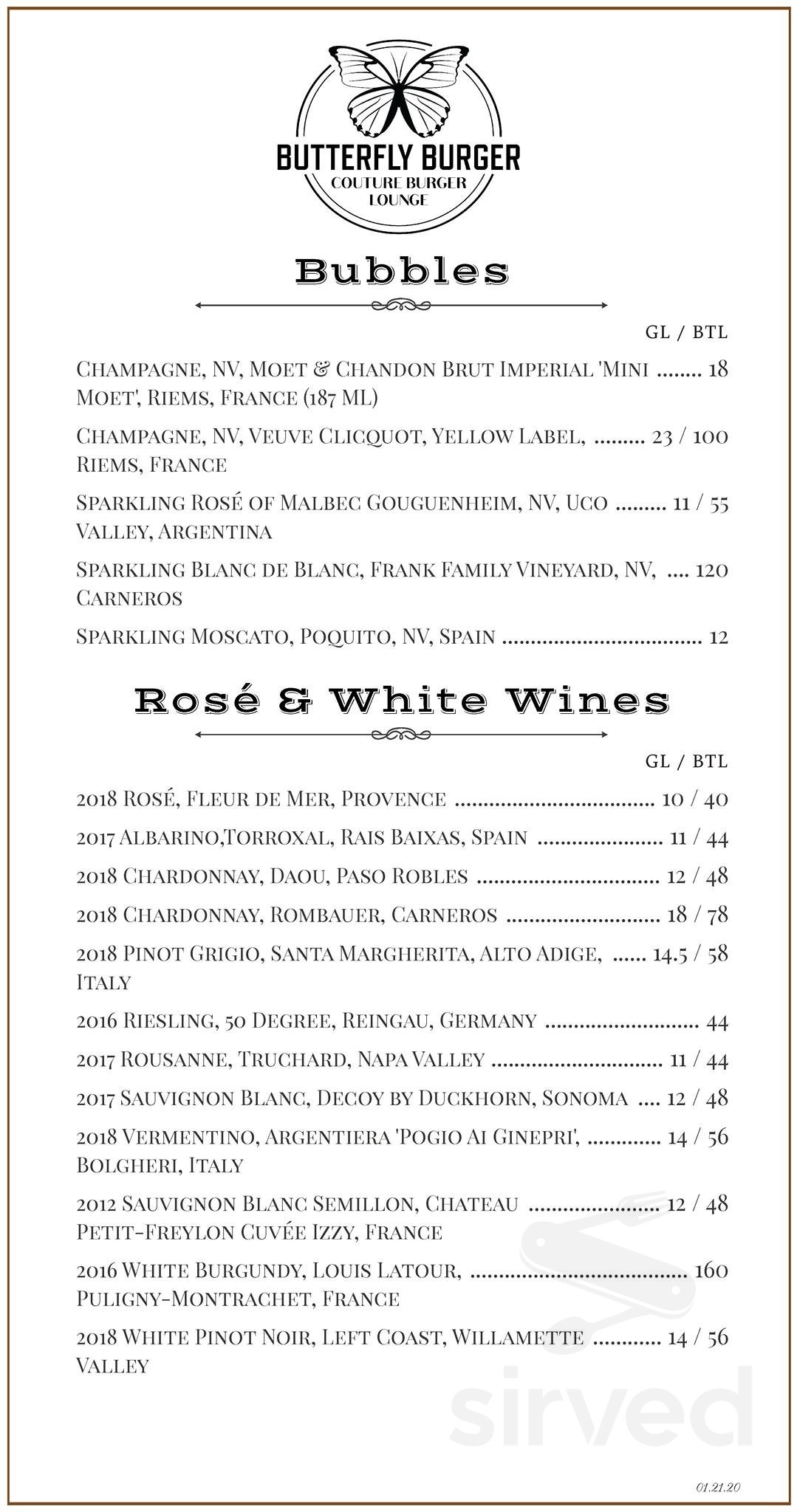 Butterfly Burger menu in Sedona, Arizona, USA