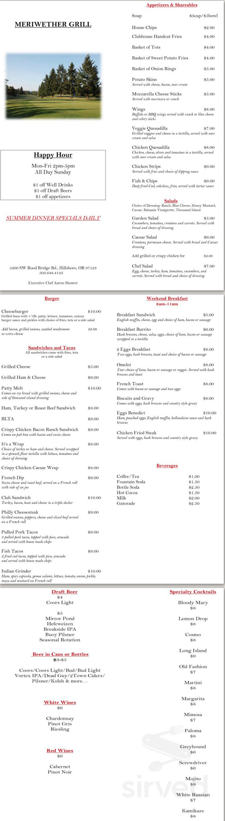 Menu for Meriwether National Golf Club in Hillsboro, OR | Sirved