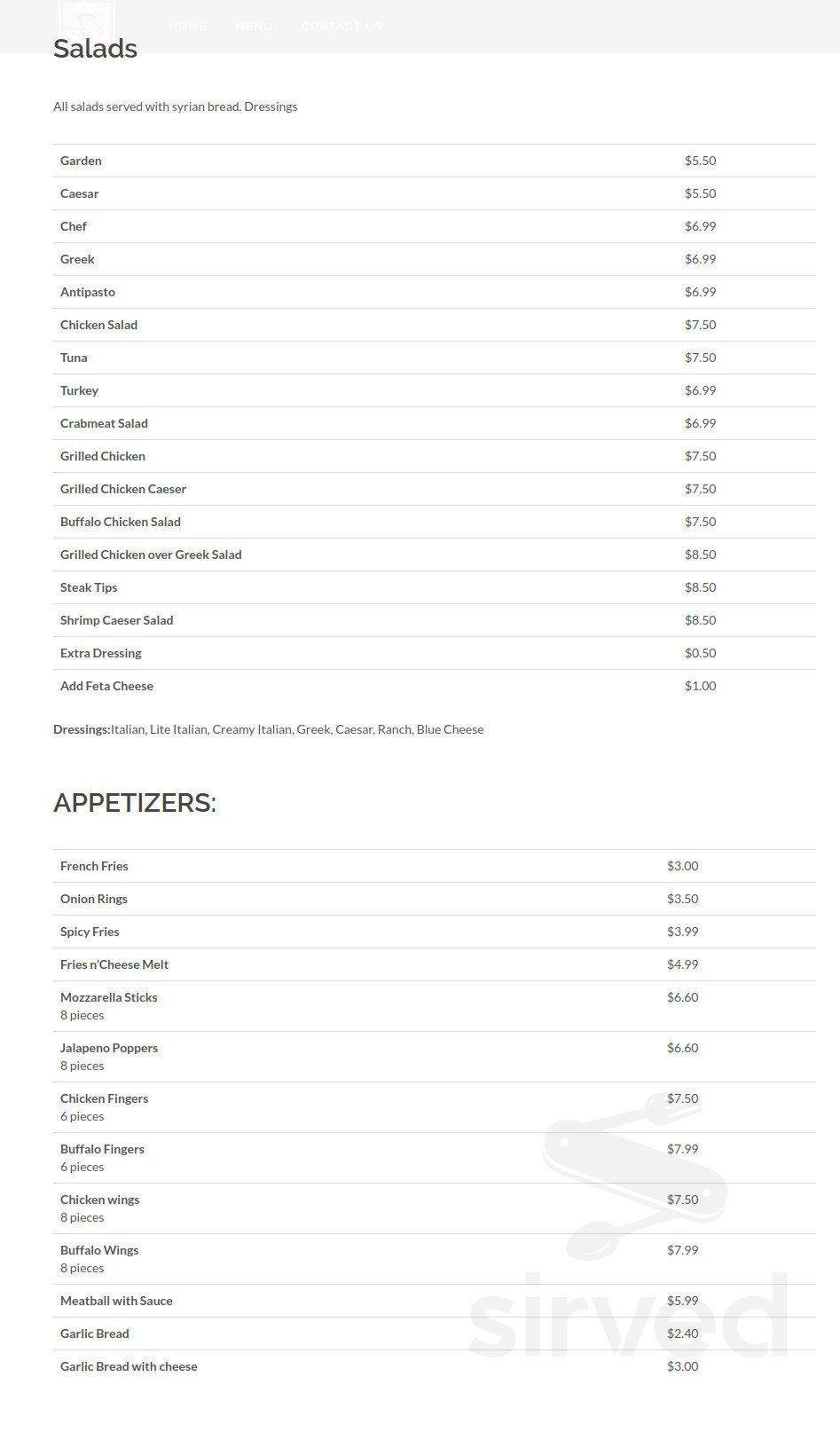 Menu - Bolton MA's Classic Pizza Restaurant III | Sirved