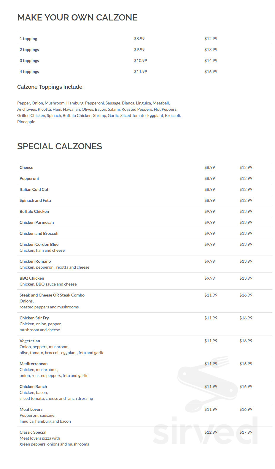 Menu - Bolton MA's Classic Pizza Restaurant III | Sirved
