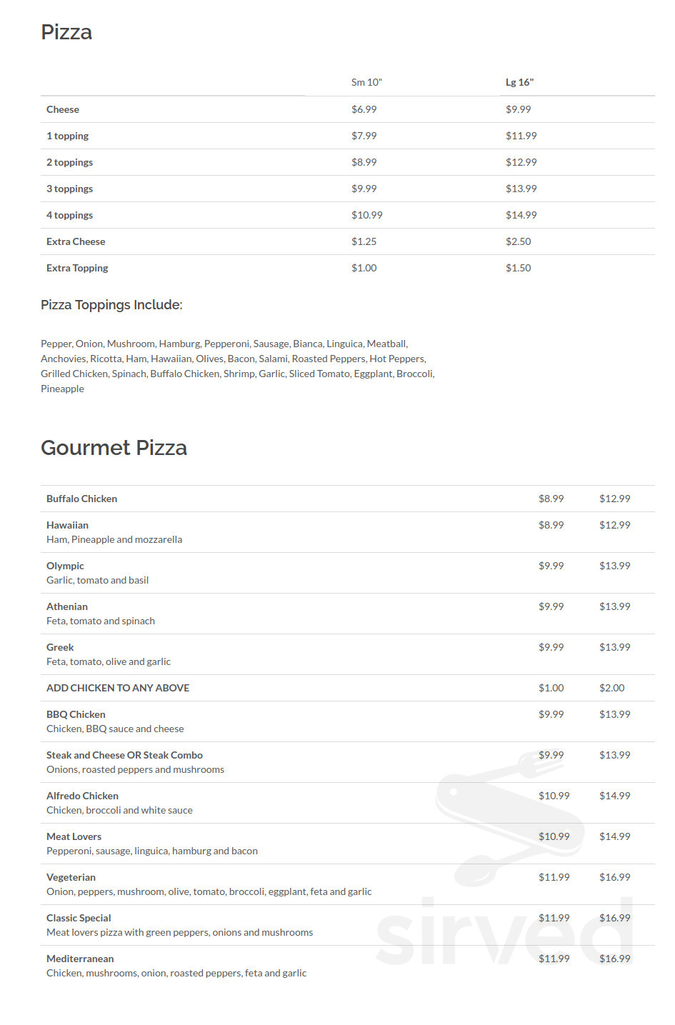 Menu - Bolton MA's Classic Pizza Restaurant III | Sirved