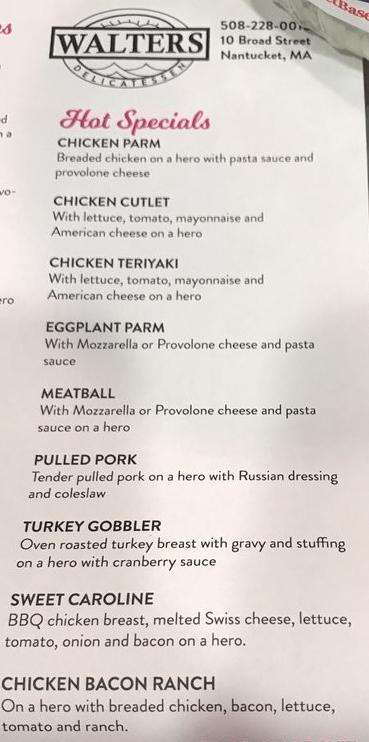 Walter's Deli menu in Nantucket, Massachusetts, USA