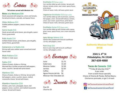 La Canasta Mexican Food menu in Philadelphia, Pennsylvania, USA