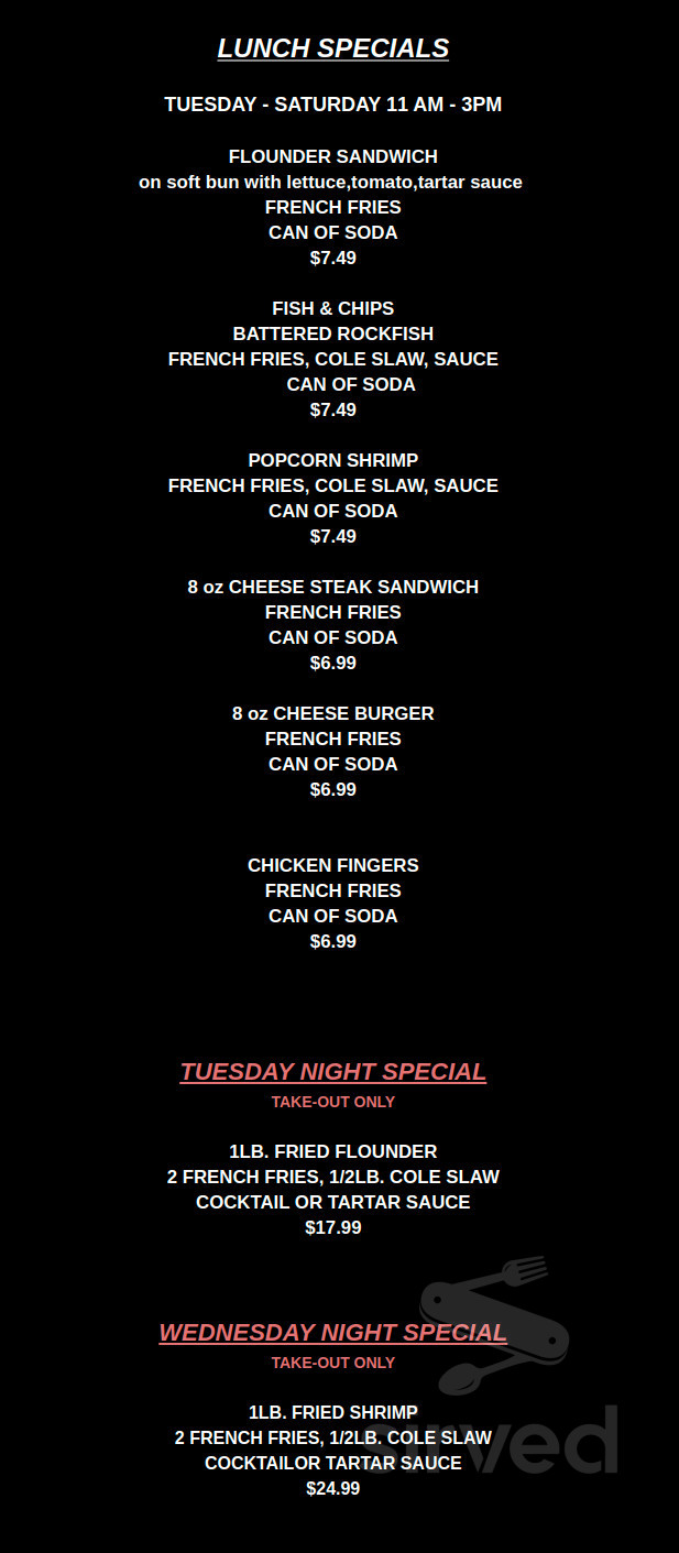 Menu for Lew's Seafood Takeout & Dockside Pub in Glenside, PA | Sirved