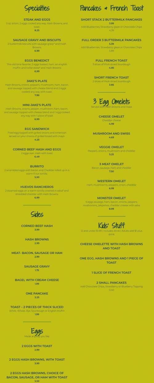 Jake's Eats menu in Mantua, Ohio, USA