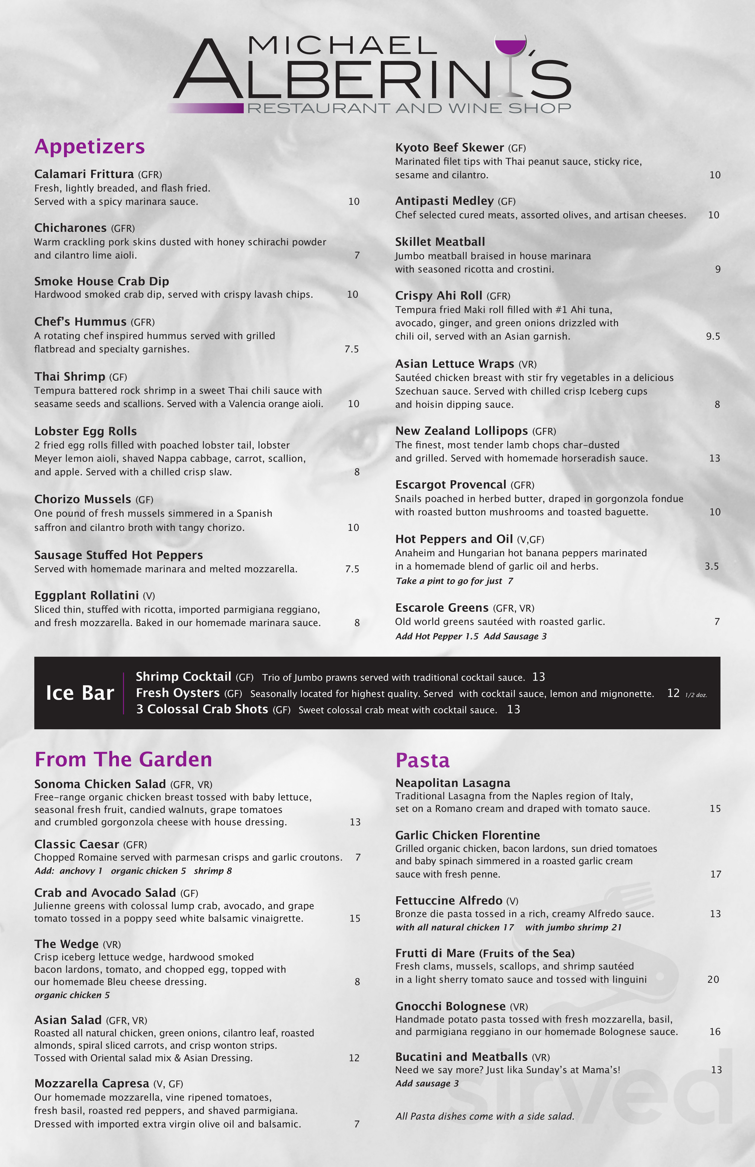 Menu for Michael Alberini's Restaurant in Youngstown, OH | Sirved