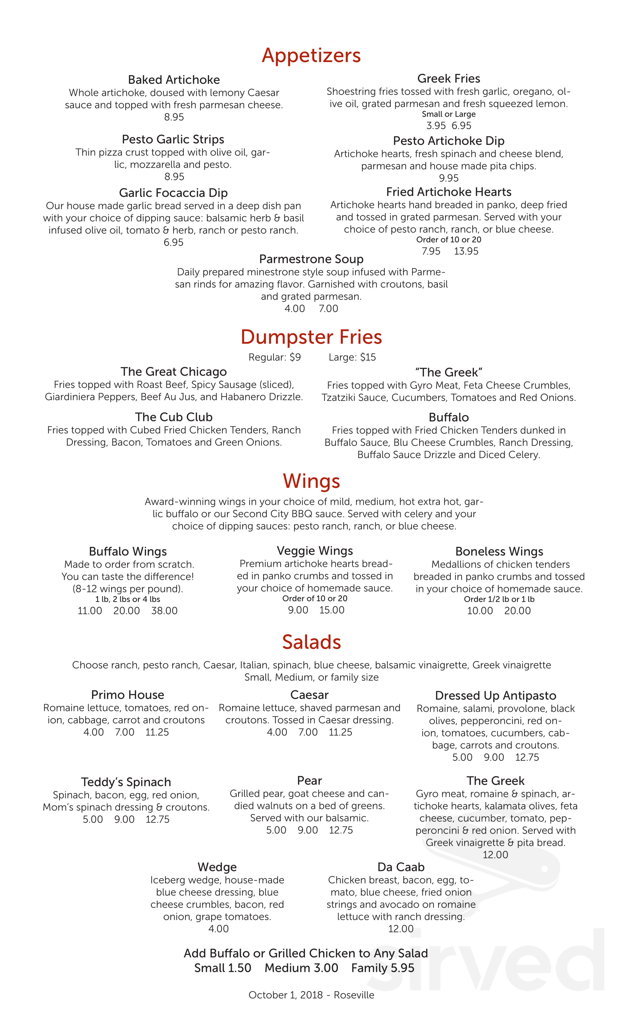 Chicago Fire menu in Roseville, California, USA