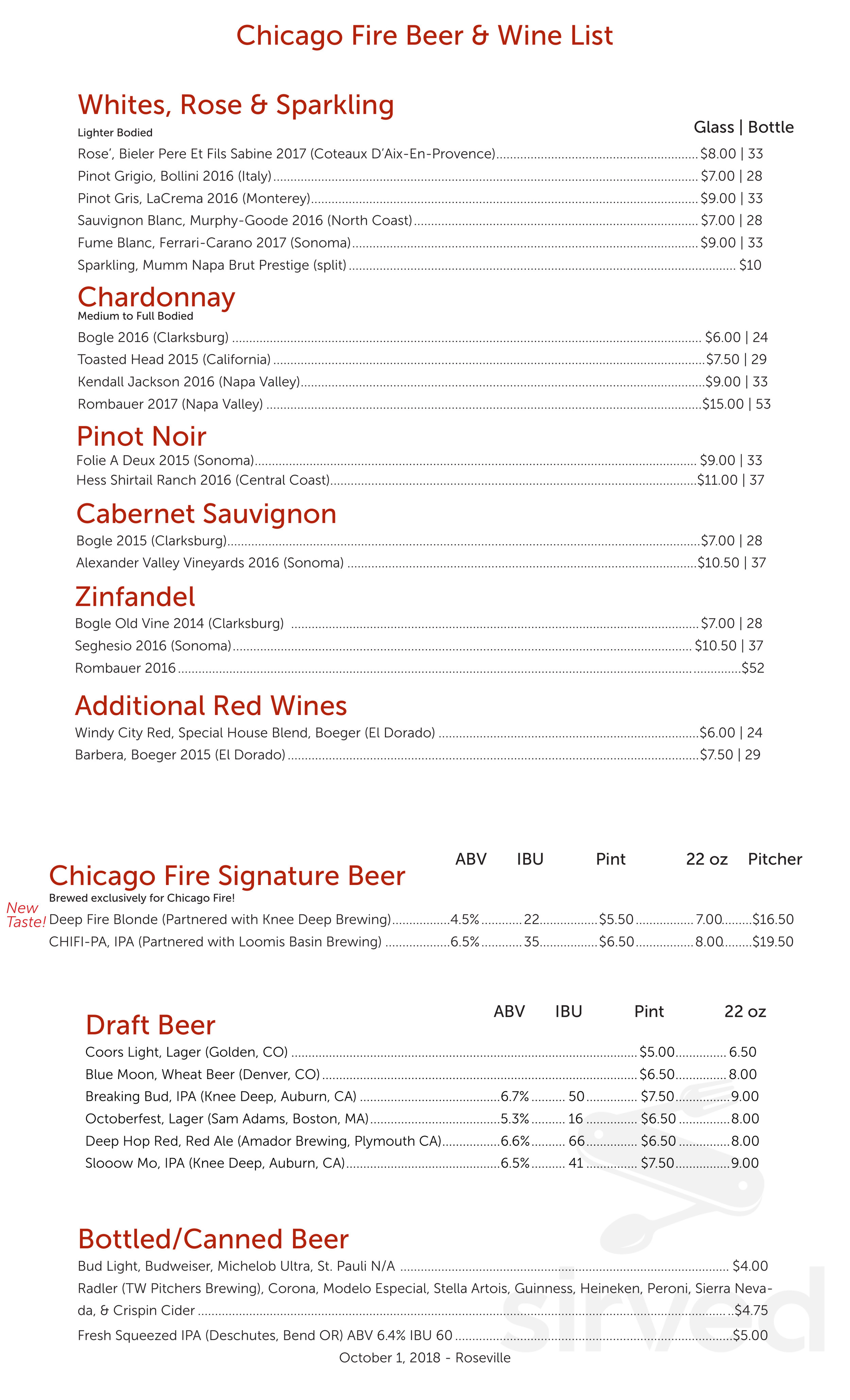 Chicago Fire menu in Roseville, California, USA