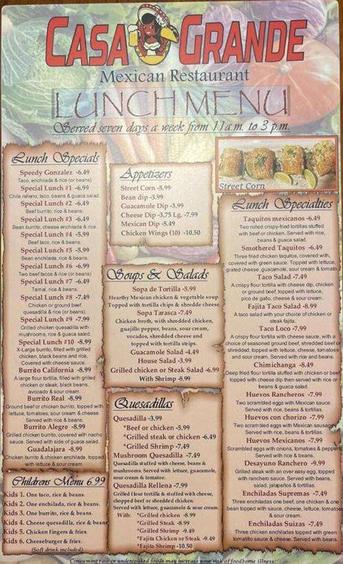 Casa Grande menu in Gainesboro, Tennessee, USA