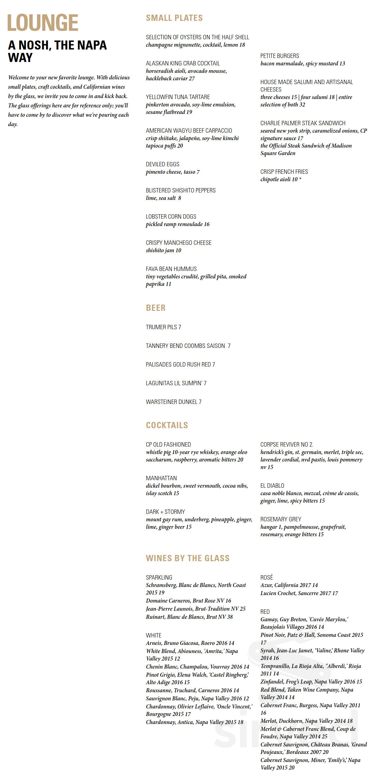 Charlie Palmer Steak Napa menu in Napa, California, USA
