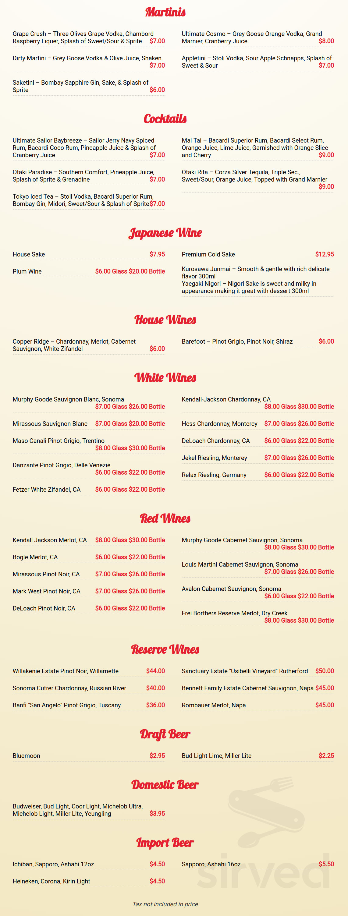 Menu for Otaki Japanese Steakhouse Jacksonville in Jacksonville, FL ...