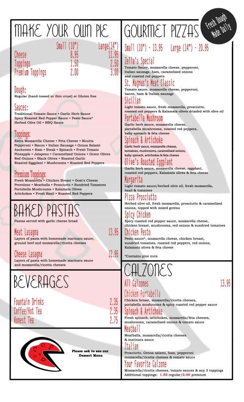 Zella's Pizzeria menu in Baltimore, Maryland, USA