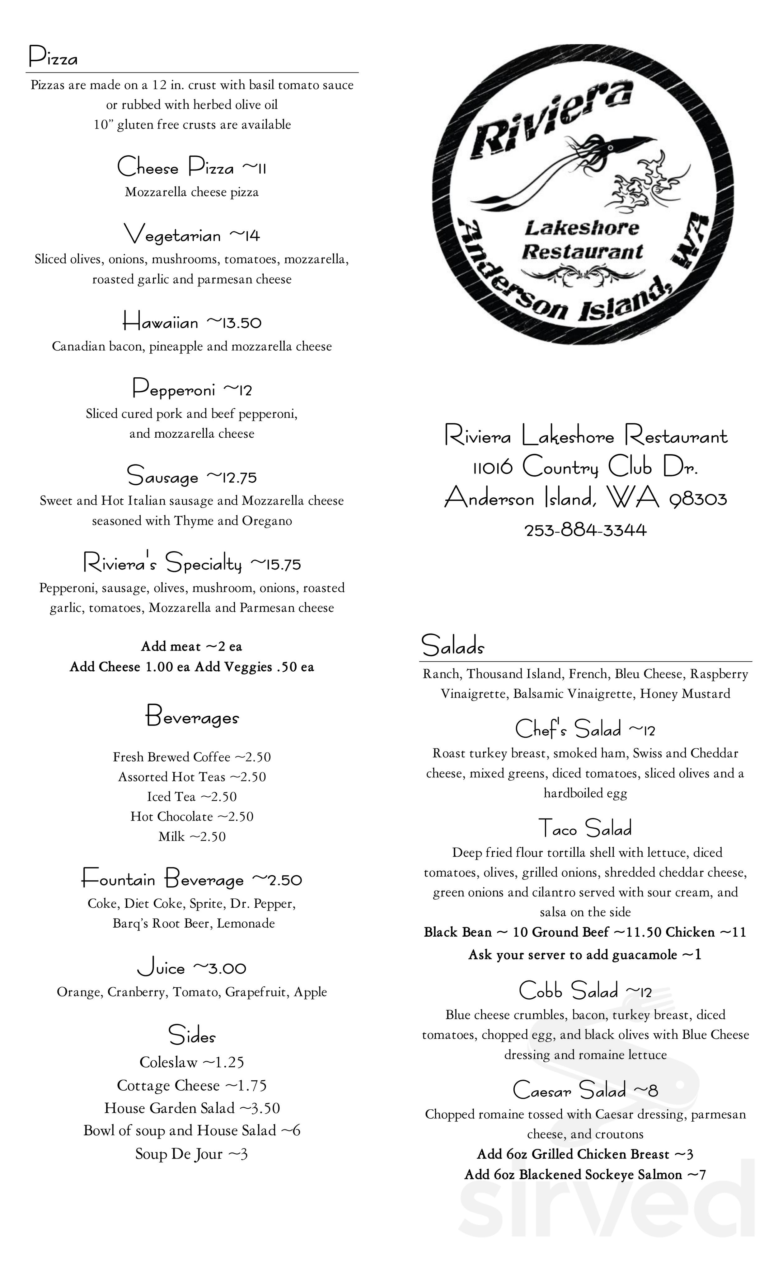 Riviera Lakeshore Restaurant menus in Anderson Island, Washington ...